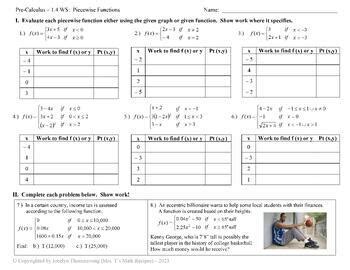 Pre Calculus H Section 1 4 HW WS Piecewise Functions TPT