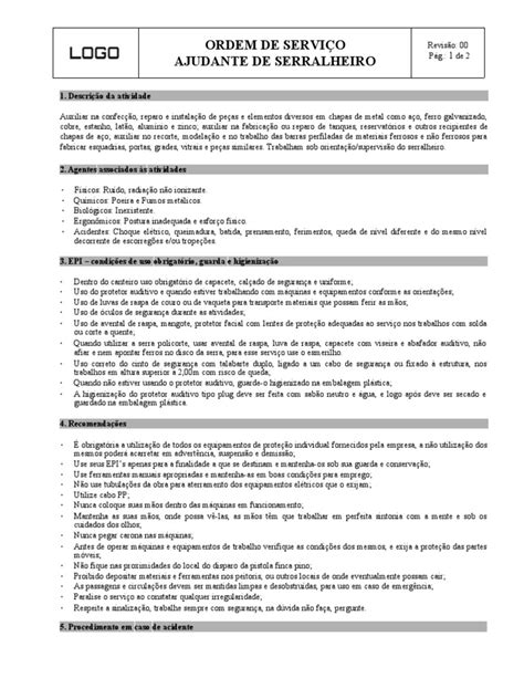 Ordem De Serviço Para Ajudante De Serralheiro Pdf Capacete Metais