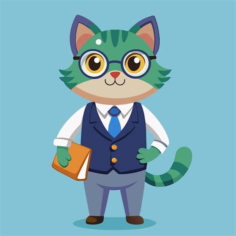 Un Gato De Dibujos Animados Con Gafas Y Un Libro En La Mano Vector