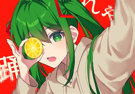 Close Food Fruit Green Eyes Green Hair Hatsune Miku Hood Kurobikari
