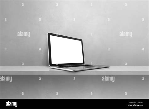 Laptop Computer On Grey Shelf Background 3d Illustration Laptop Computer On Grey Shelf