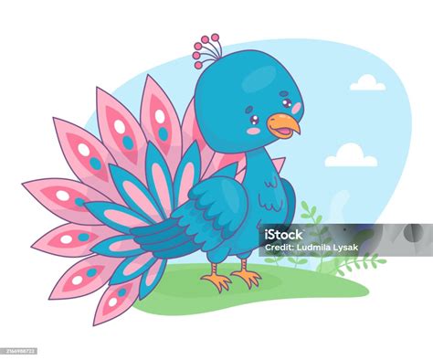 공터에 귀여운 공작 캐릭터 재미 있는 만화 Kawaii 푸른 열대 조류 벡터 일러스트 레이 션 가공의 인물에 대한 스톡 벡터