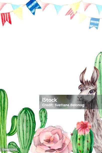 녹색 육즙 선인장 분홍색 돌 꽃 회색 푹신한 알파카 칠리와 재미있는 깃발을 가진 멕시코 모자가있는 어린이 카드 포스터 프레임 책 자연과 모험에 대한 이야기에 대한 휴일 그림