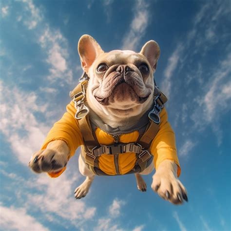 Premium Ai Image French Bulldog Dog Jumping Over Blue Sky With Copy Space