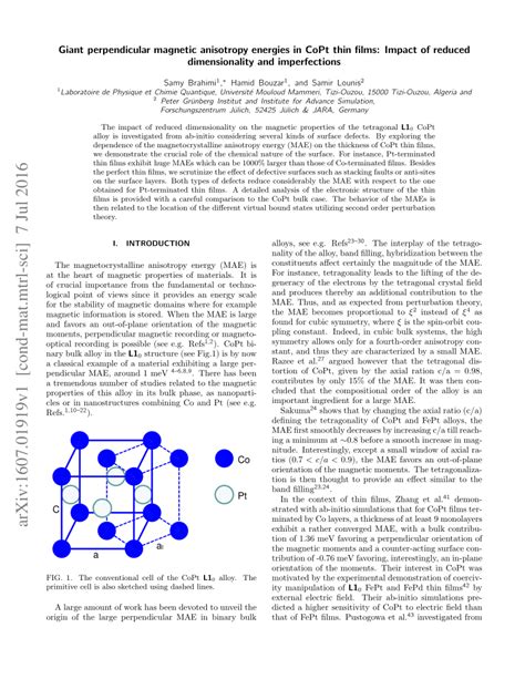 Pdf Giant Perpendicular Magnetic Anisotropy Energies In Copt Thin Films Impact Of Reduced