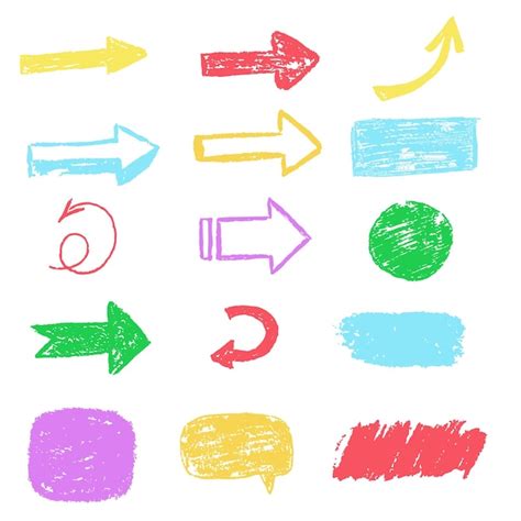 크레이온 텍스처 손으로 그린 화살표와 모양 세트 프리미엄 벡터