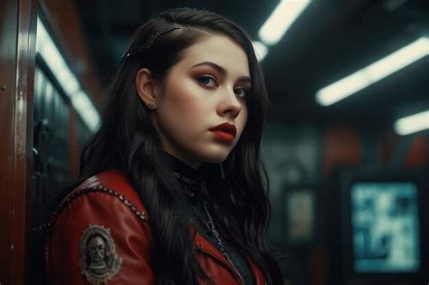 Premium Photo A Woman With Long Black Hair And A Red Lipstick On Her Face
