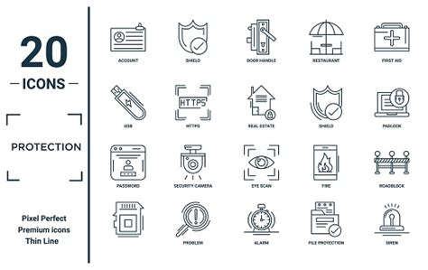 보호 선형 아이콘 집합입니다 얇은 라인 계정 Usb 비밀번호 사이렌 부동산 보고서 프리젠 테이션 다이어그램 웹 디자인을위한 장애물 아이콘 포함 0명에 대한 스톡 벡터 아트