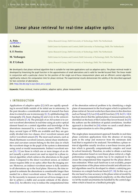 Pdf Linear Phase Retrieval For Real Time Adaptive Optics