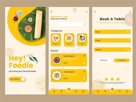 Restaurant Menu App Ui Gui Screen Including Login Booking For Advertising Stock Illustration