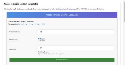 Arccos Inverse Cosine Calculator Degrees Radians And Principal Value