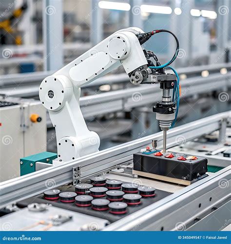 Robotic Arm Performing Precision Tasks On Assembly Line Surrounded By Machinery And Conveyors