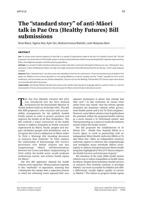Pdf The Standard Story Of Anti Māori Talk In Pae Ora Healthy Futures Bill Submissions