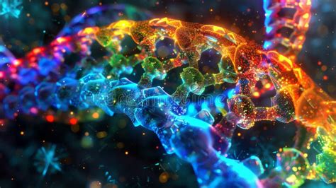 Close Up Of Dna Double Helix Structure With Glowing Particles Stock Illustration Illustration