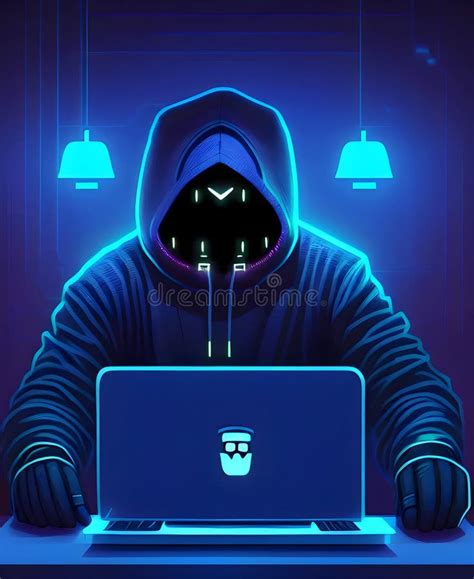 The Cyber Crime Hacker On The Computer System In The Dark Room Stock