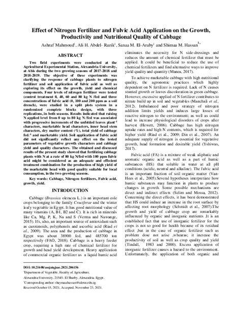 Pdf Effect Of Nitrogen Fertilizer And Fulvic Acid Application On The