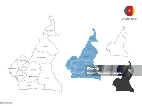 카메룬지도 벡터 일러스트레이션의 4 스타일은 모든 지방을 가지고 카메룬의 수도를 표시합니다 얇은 검은 윤곽선 단순 스타일과 어두운 그림자 스타일 흰색 배경에 고립되어
