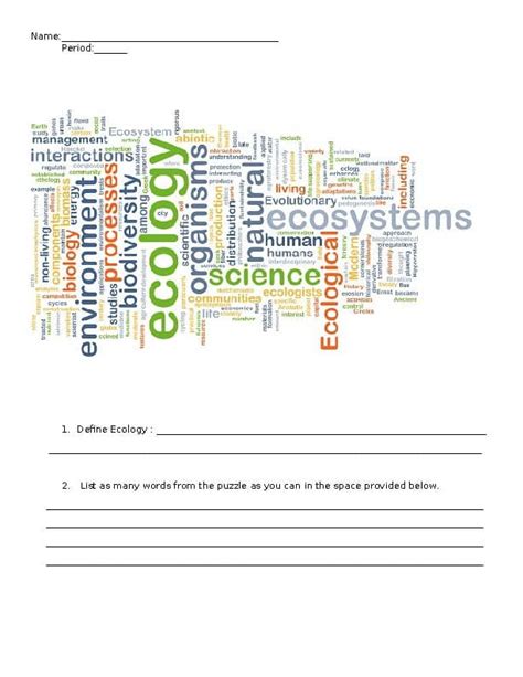 Ecology Word Cloud Assignment Bellwork Introduction To Topic Sub