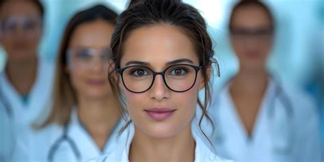 Female Researcher Leading Team In Lab Coat And Glasses Concept Research Science Leadership