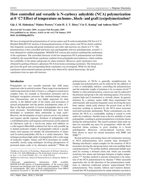 Pdf How Controlled And Versatile Is N Carboxy Anhydride Nca Polymerization At 0°c Effect Of