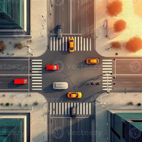 An Aerial View Of A City Intersection With Cars And Traffic 66322367