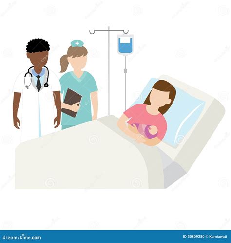 Madre Y Bebé En Cama De Hospital Con El Doctor Y La Enfermera