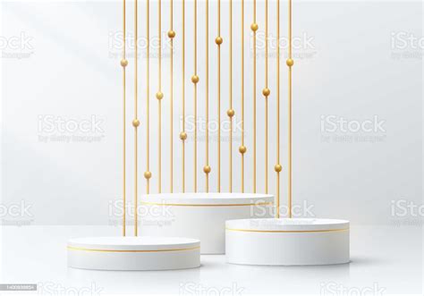 현실적인 흰색 황금색 3d 실린더 받침대 연단은 황금 수직 튜브와 구슬이있는 방에 자리 잡고 있습니다 모형 제품 무대 쇼케이스