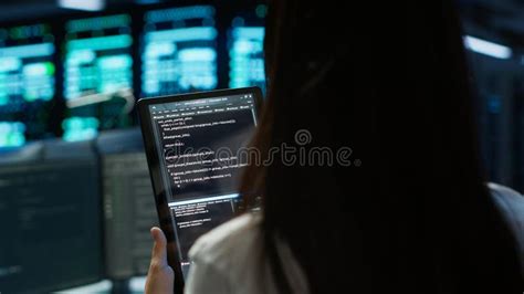 Close Up Of Woman Doing Maintenance In Server Room Using Tablet Stock Image Image Of Security