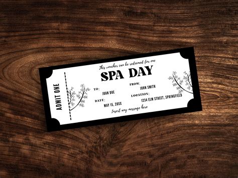 Editable Spa Day Coupon Printable Spa Ticket Voucher Custom Spa Day