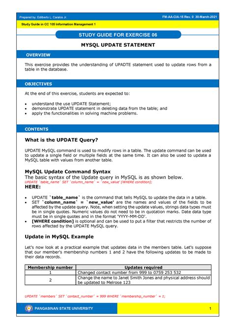 My SQL Update Query Student Study Guide In CC Information Management STUDY GUIDE