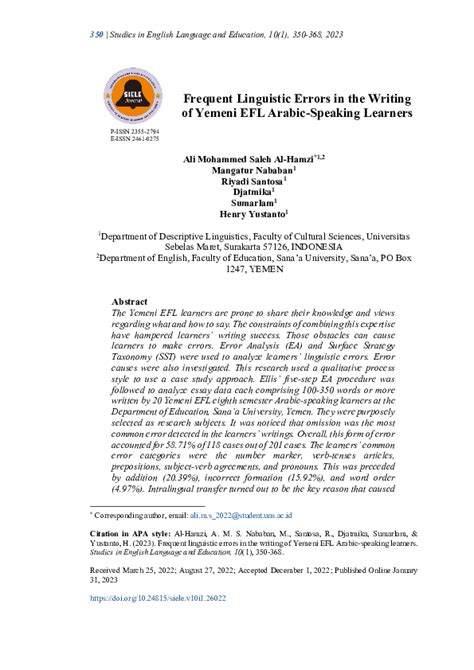Pdf Frequent Linguistic Errors In The Writing Of Yemeni Efl Arabic