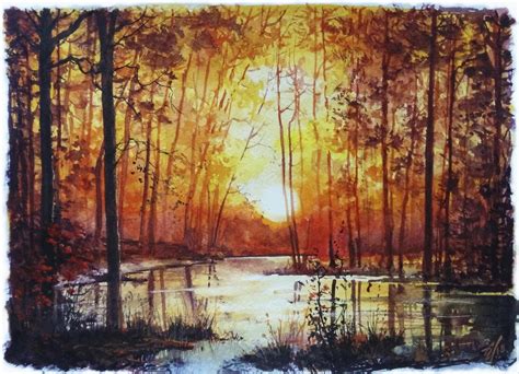 Sunset On The Forest Lake Watercolor X Cm R Art