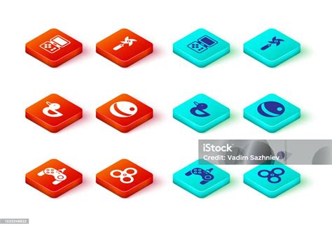 세트 게임 패드 피젯 스피너 고무 오리 비치 볼 바람개비 장난감과 테트리스 전자 게임 아이콘 벡터 3차원 형태에 대한 스톡 벡터 아트 및 기타 이미지 Istock