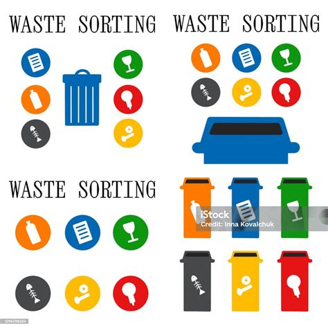 폐기물 용기를 설정합니다 재활용 가능한 자재를 위한 평평한 용기 폐기물 을 분류하기위한 쓰레기통 바구니 및 쓰레기 벡터 일러스트레이션의 종류 개념에 대한 스톡 벡터 아트 및