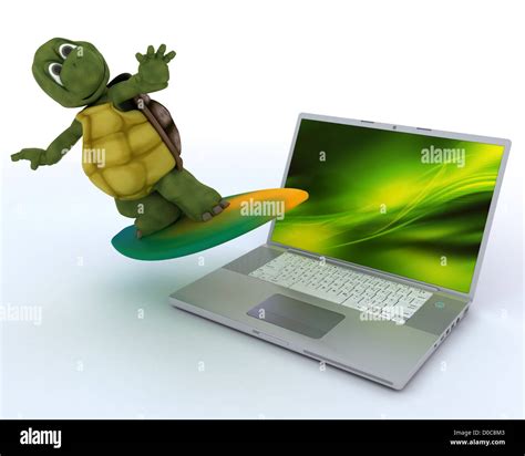 D Render Of A Tortoise With Surf Board And Laptop Stock Photo Alamy