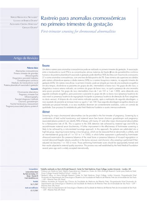 Pdf First Trimester Screening For Chromosomal Abnormalities
