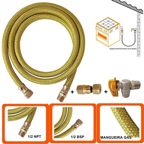 Kit Instalação Gás Encanado Mangueira 80cm registro adaptado GLOBALFLEX