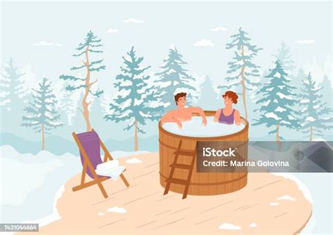 겨울 숲의 온수 욕조에있는 커플 테라스의 배럴 수건이있는 라운지 의자 고급 리조트 자연 컨셉의 스파 욕조에 대한 스톡 벡터 아트 및 기타 이미지 Istock