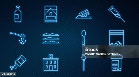 세트 라인 약병과 알약 마약의 비닐 봉지 코카인 신용 카드 또는 헤로인 헤로인 숟가락 알코올 음료 및 담배 팩 상자 아이콘 벡터