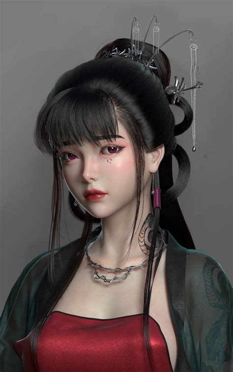 デスクトップ壁紙 3d レンダリングする ファンタジーアート アジア人 黒髪 女性 ファンタジーガール 単純な背景 灰色の