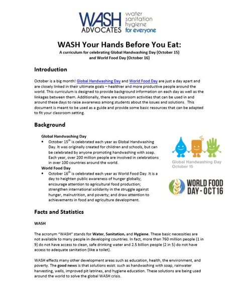 Wash Your Hands Before You Eat Curriculum The Global Handwashing