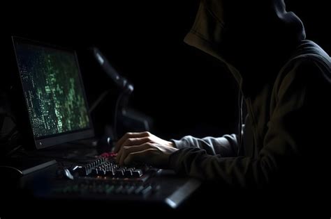 Premium Photo Hooded Hacker Stealing Data From A Computer At Night