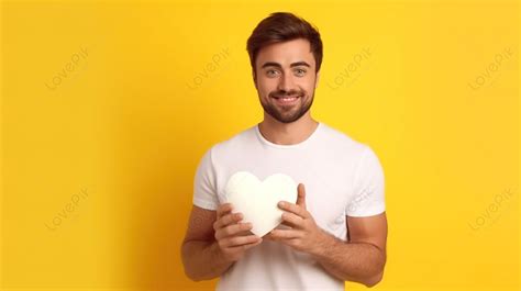 흰색 티셔츠를 입은 매혹적인 미국인은 밝은 노란색 배경에 발렌타인 데이를 위한 빨간색 3d 종이 하트를 들고 있습니다 미국 배경 다이 배경 노란 배경 이미지 Hd