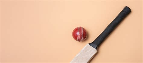 크리켓 방망이와 베이지색 배경에 빨간 공 수평 스포츠 테마 포스터 인사말 카드 헤더 웹 사이트 및 앱 Championship에