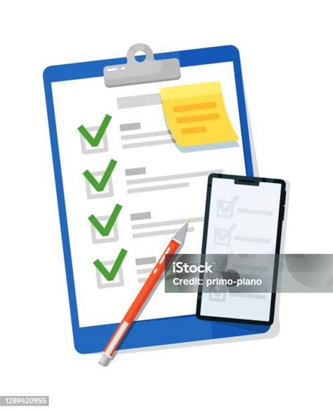 휴대 전화 화면에서 체크리스트 클립 보드 및 설문 조사 양식 그래픽 사용자 인터페이스에 대한 스톡 벡터 아트 및 기타 이미지