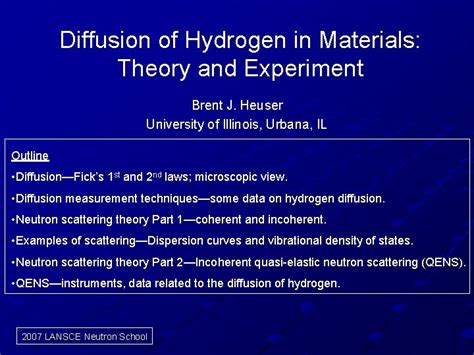 Diffusion Of Hydrogen In Materials Theory And Experiment
