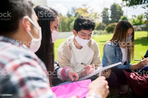 야외에서 공부하는 동안 학교에서 얼굴 마스크를 착용한 라틴 아메리카 학생들 20 24세에 대한 스톡 사진 및 기타 이미지