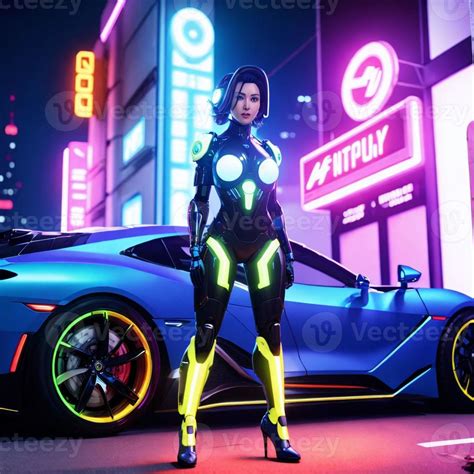 Futuristic Sci Fi Woman Wearing Armor Suit With Racing Car Generative