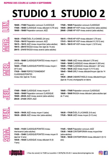 Horaire Des Cours De Danse Dance In Progress