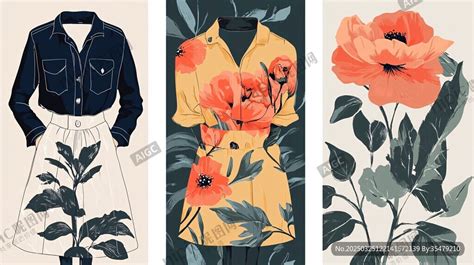Ai创作图花卉 服饰 插画 设计 夹克 裙子 上衣 植物 叶子 图案 印花 色彩 时尚 艺术 美学 昵图网
